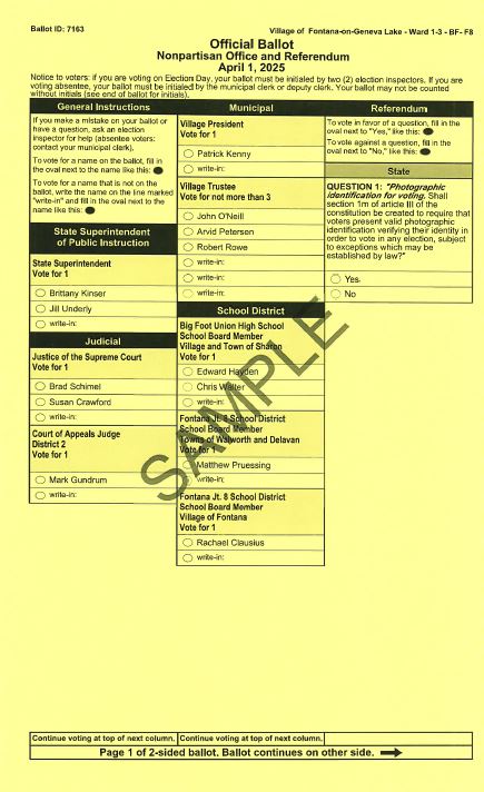 Spring Election 2025 sample ballots - Village of Fontana